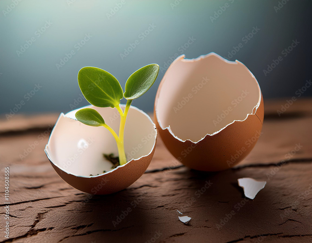 Egg with a cracked shell, from which a tiny green sprout emerges ...