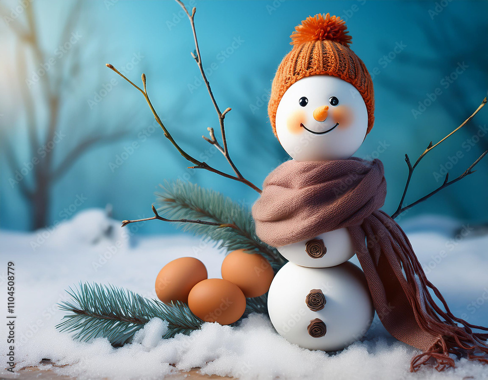 Eggs stacked in a snowman shape, with twigs and a scarf, symbolizing ...