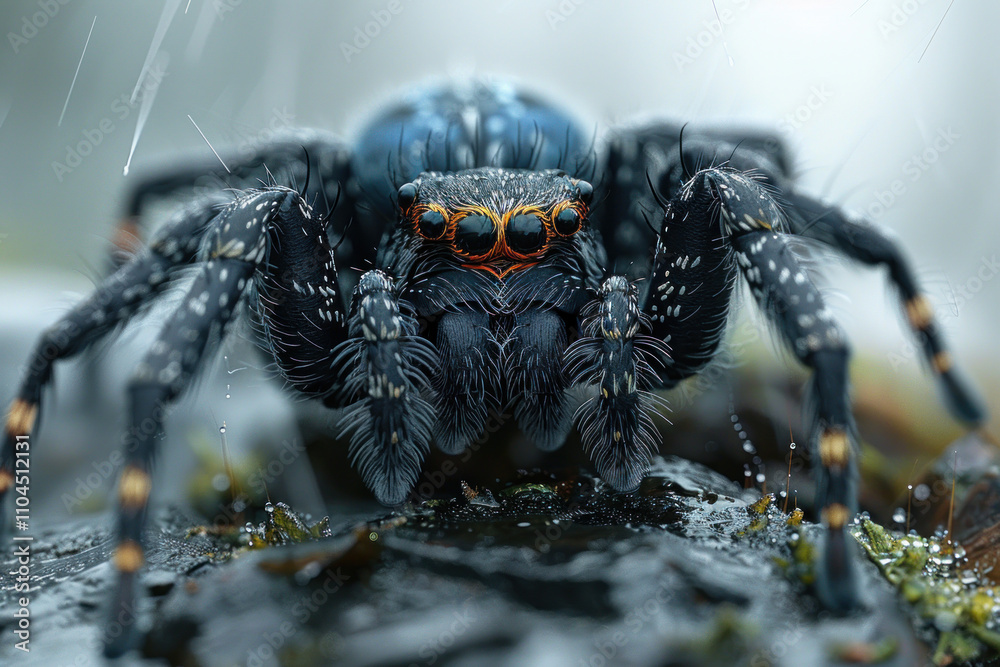 spider, in heavy rain. The insect's body appears enlarged, detailed ...