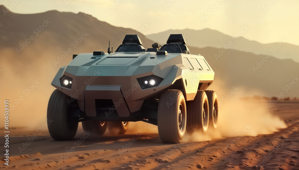 Futuristic unmanned combat vehicle patrols deserted battlefield. AI surveillance tech showcased ...