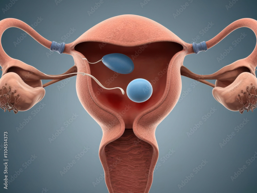 Representación 3D del sistema reproductor femenino con un óvulo y ...