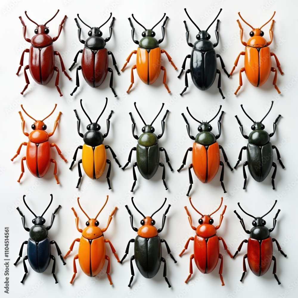 Colorful imaginary bugs arranged on white background. Various colors ...