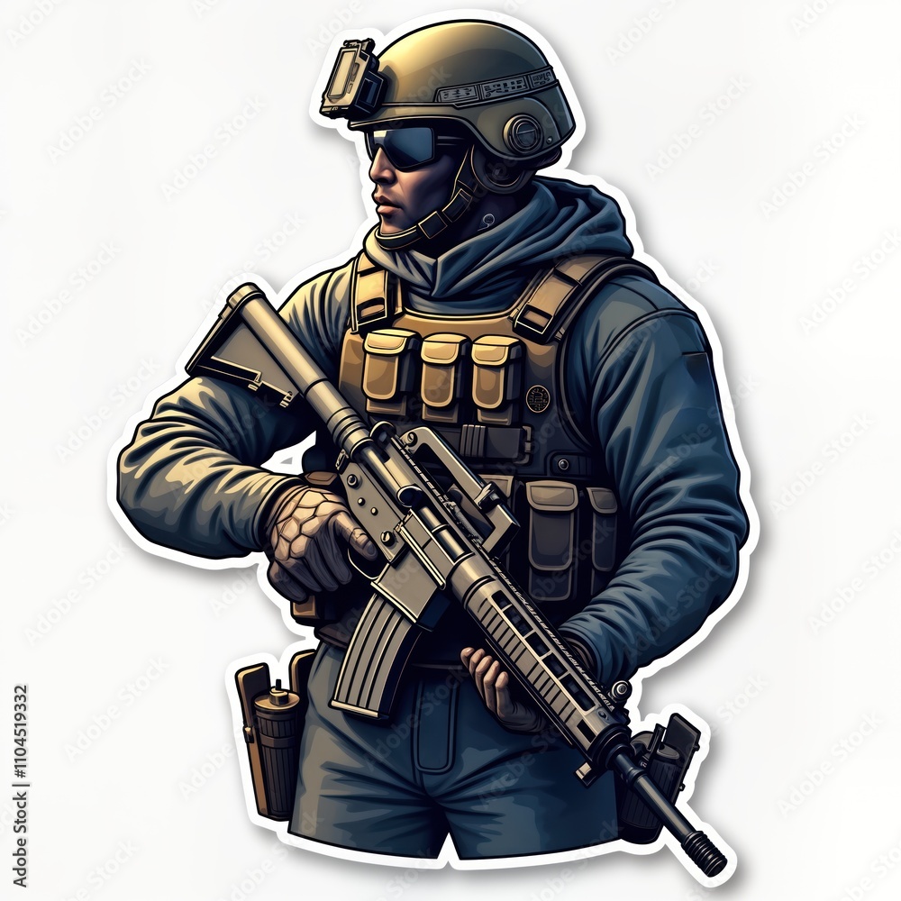 Military soldier stands ready holding assault rifle. Combat gear ...