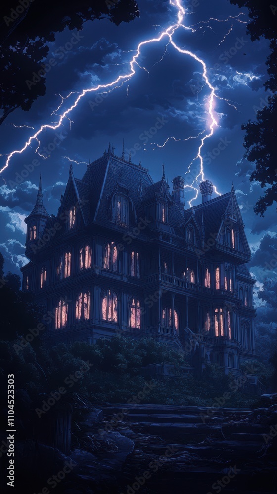 Haunted anime mansion at night, lightning illuminating the dark sky ...