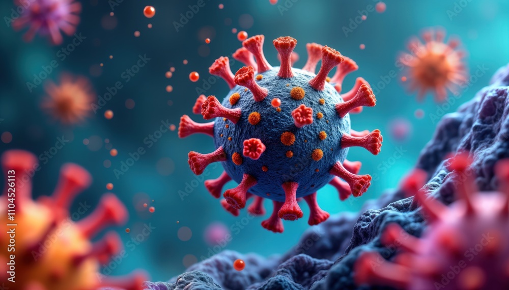 Microscopic view shows virus invading human cell. Vivid colors ...