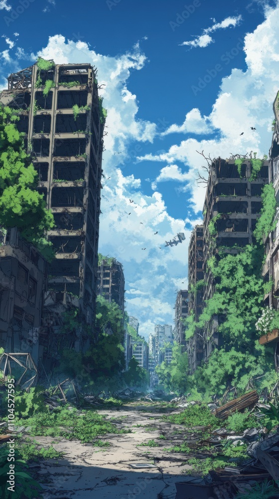 Post-apocalyptic anime landscape, abandoned skyscrapers overtaken by ...