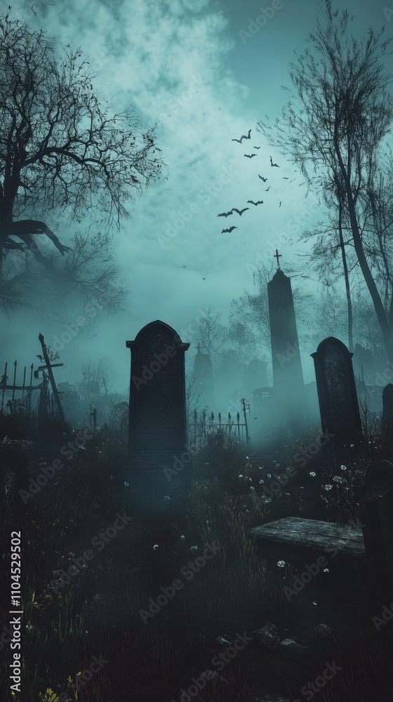 Spooky graveyard with fog swirling around tombstones, dark trees and ...