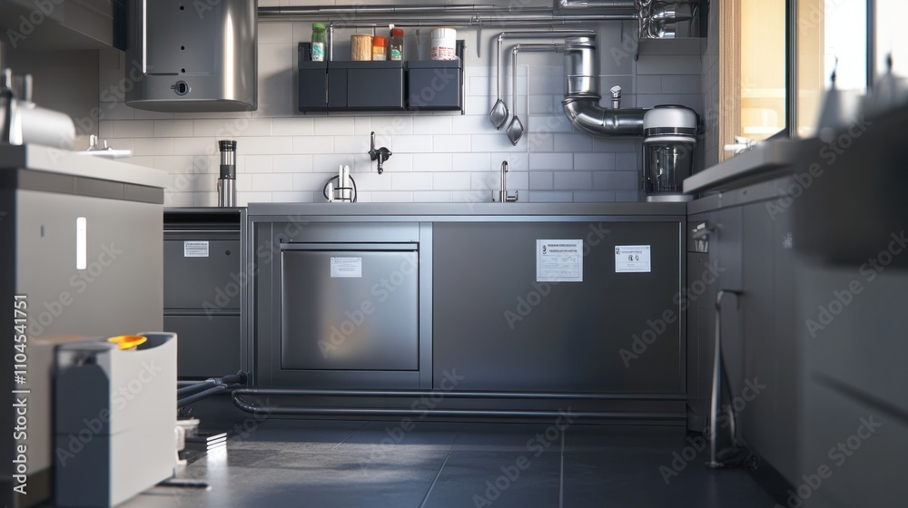 A clean and modern grease trap installation in a kitchen setup ...