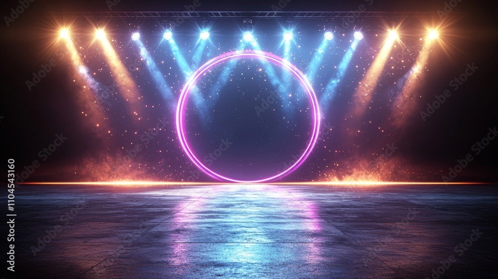 Vibrant concert series makeup layout with neon lighting effects, bold ...