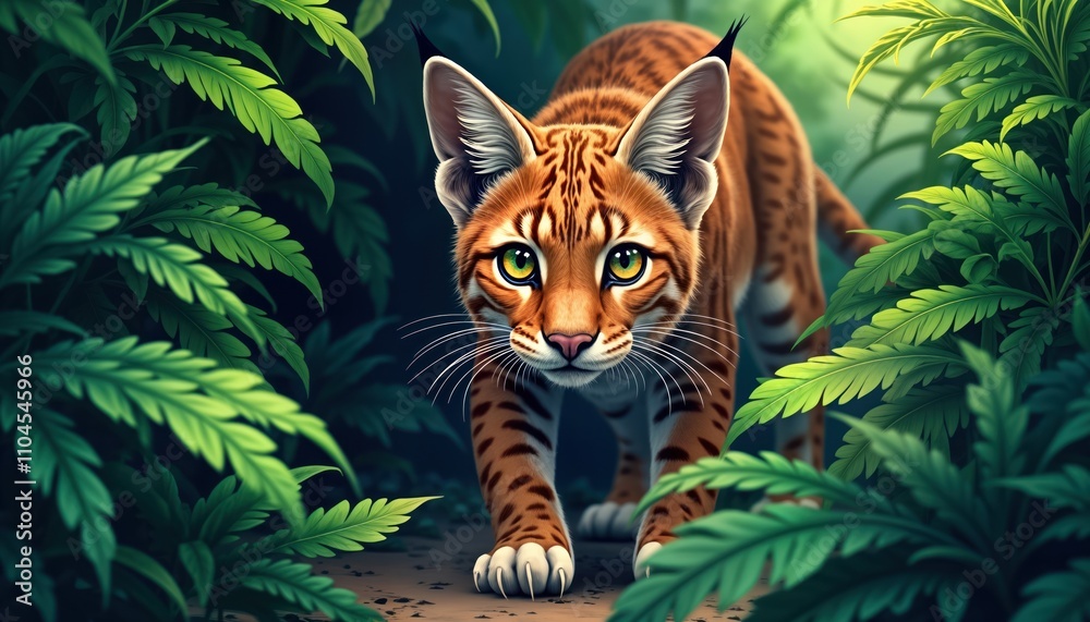 Majestic wildcat navigates rich jungle foliage. Animal prowls through ...