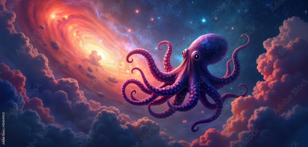 Ilustración de Stock Cosmic octopus with vibrant tentacles floats in ...