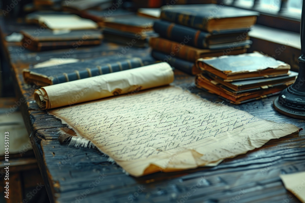a table on which old books and manuscripts are laid out. In the ...