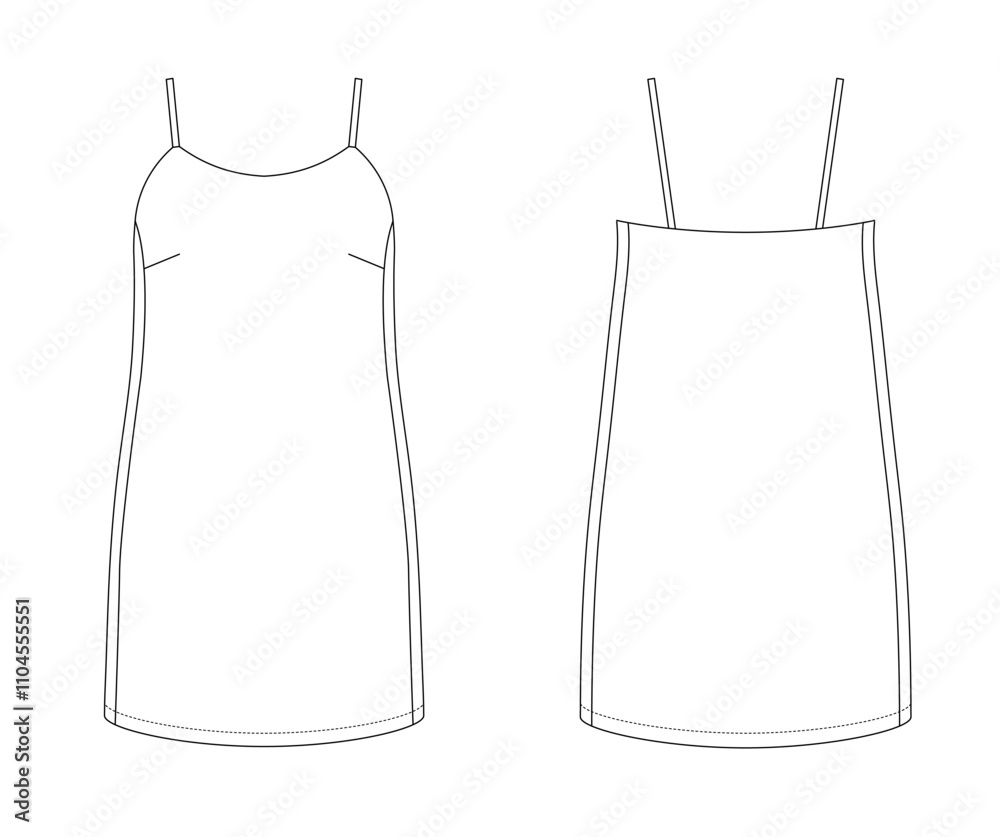 Technical flat sketch of a slip dress with thin straps, front and back ...