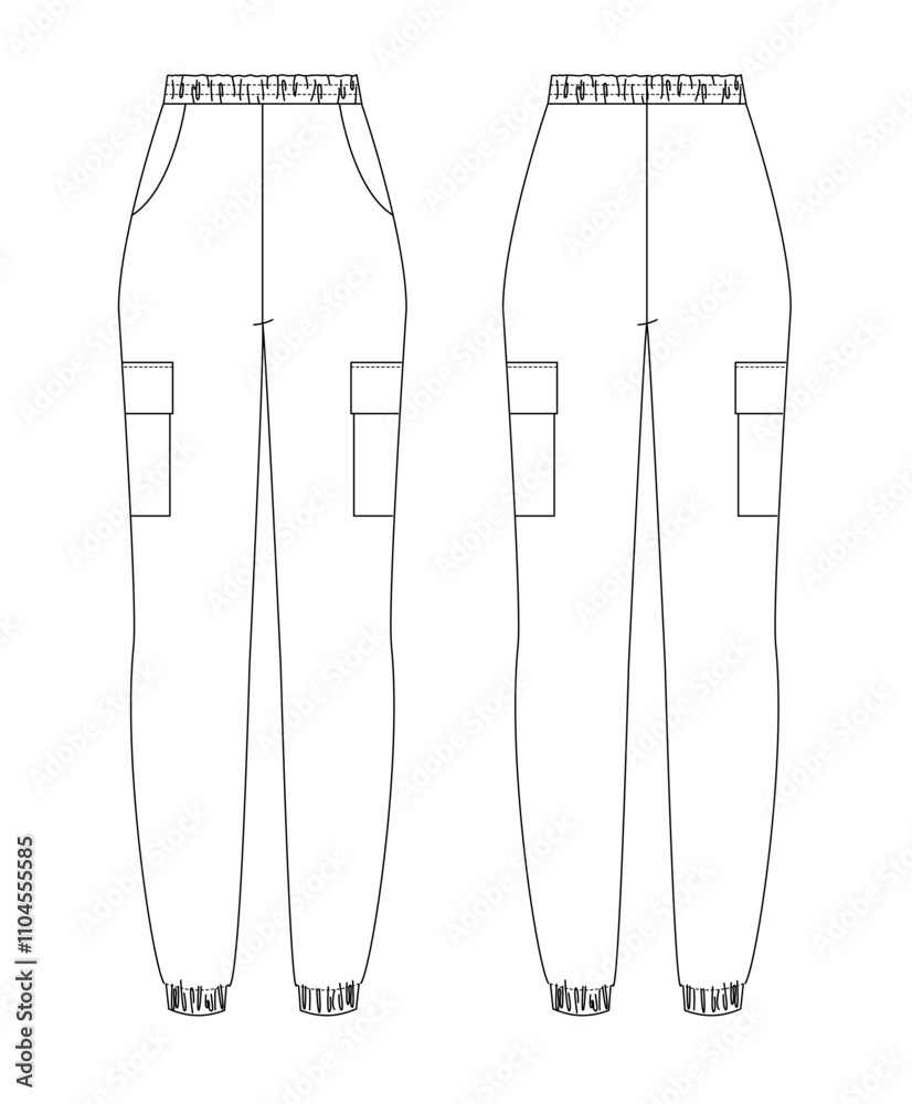 Technical flat sketch of cargo pants with elastic waistband, elastic ...