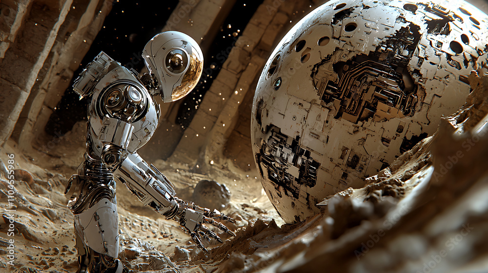 imaginative depiction of robot exploring alien landscape, interacting ...