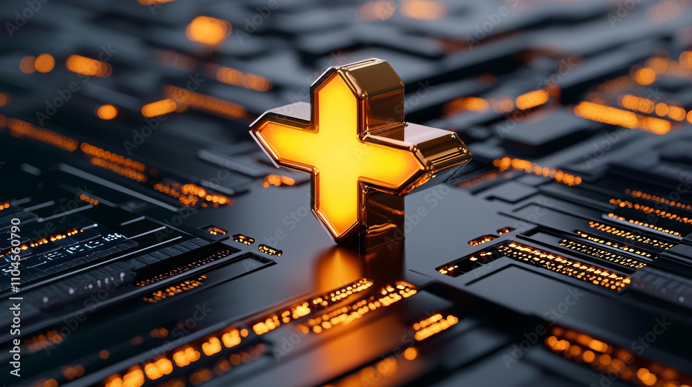 glowing orange plus sign symbol on dark, futuristic background with ...