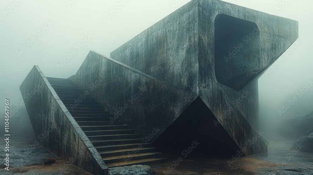 A striking, modern structure emerges from dense fog, featuring sharp ...