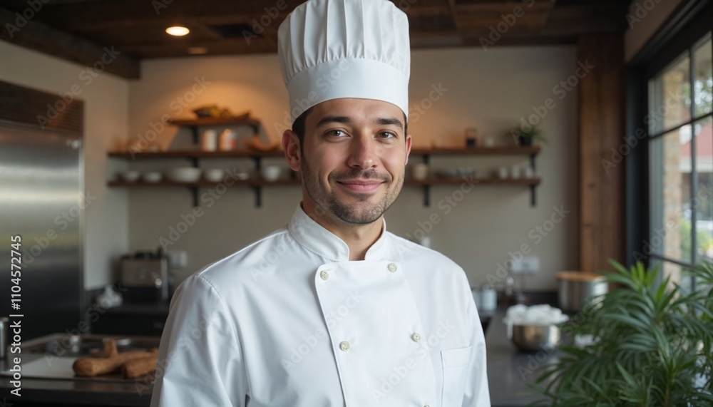 Confident male chef in a crisp white uniform and tall chef's hat ...