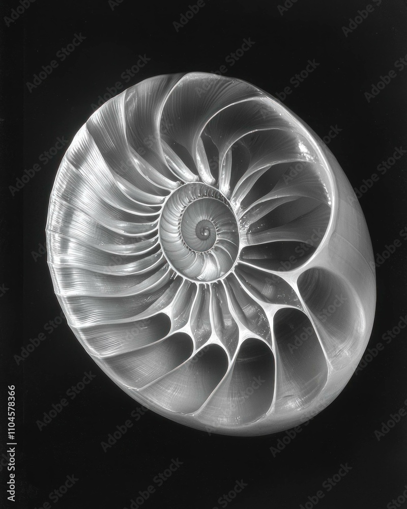 Elegant black and white image of a nautilus shell showcasing intricate ...