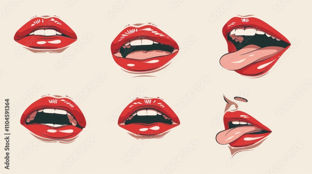 Expressions of red lips showing various emotions with open and closed ...