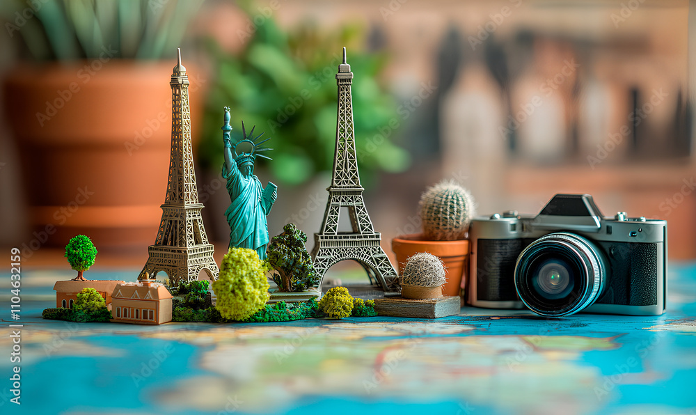 Miniature travel models of iconic landmarks placed on a detailed city ...
