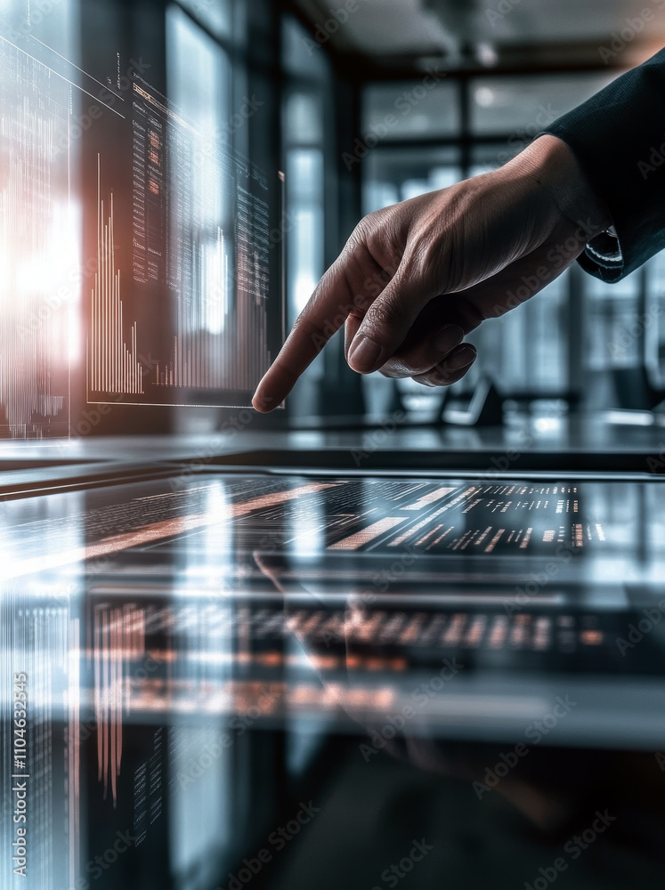 A business professional interacts with digital data displays on a sleek ...