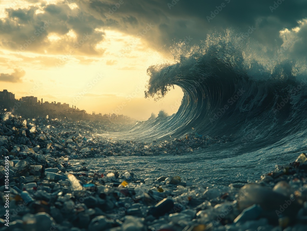 Waves carrying plastic bottles and trash, symbolizing the ongoing ...