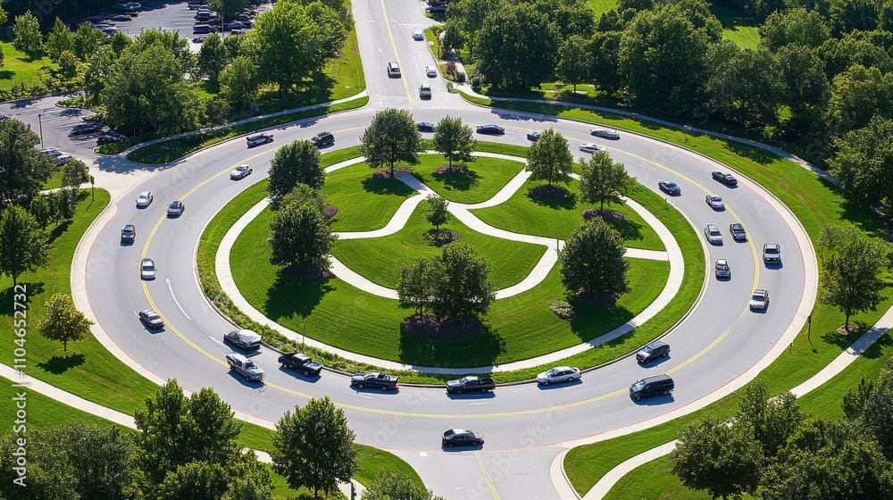 Bicycle and cars navigating a circular roundabout with landscaping ...