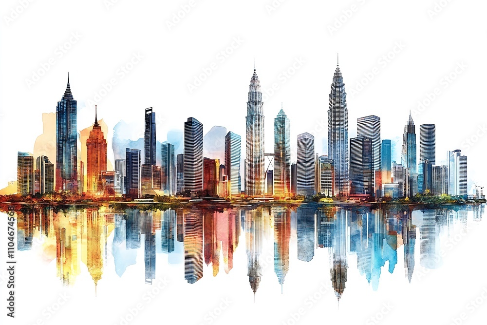 Malaysian buildings in Kuala Lumpur are shown against a white backdrop ...