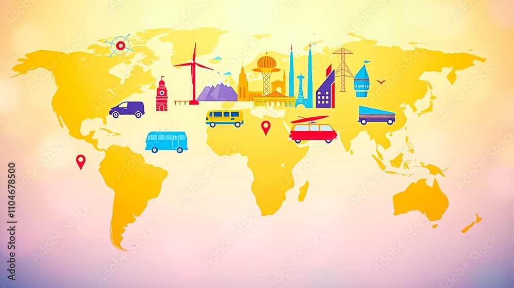 Global Travel Adventures A Colorful World Map Featuring Various Modes ...
