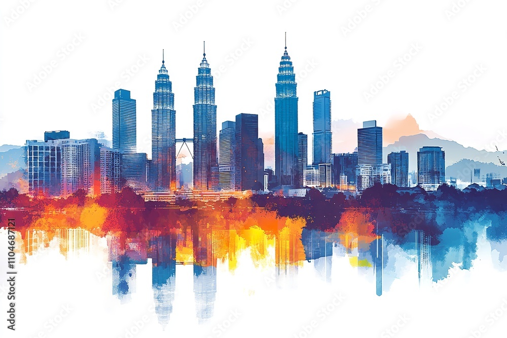 Malaysian buildings in Kuala Lumpur are shown against a white backdrop ...