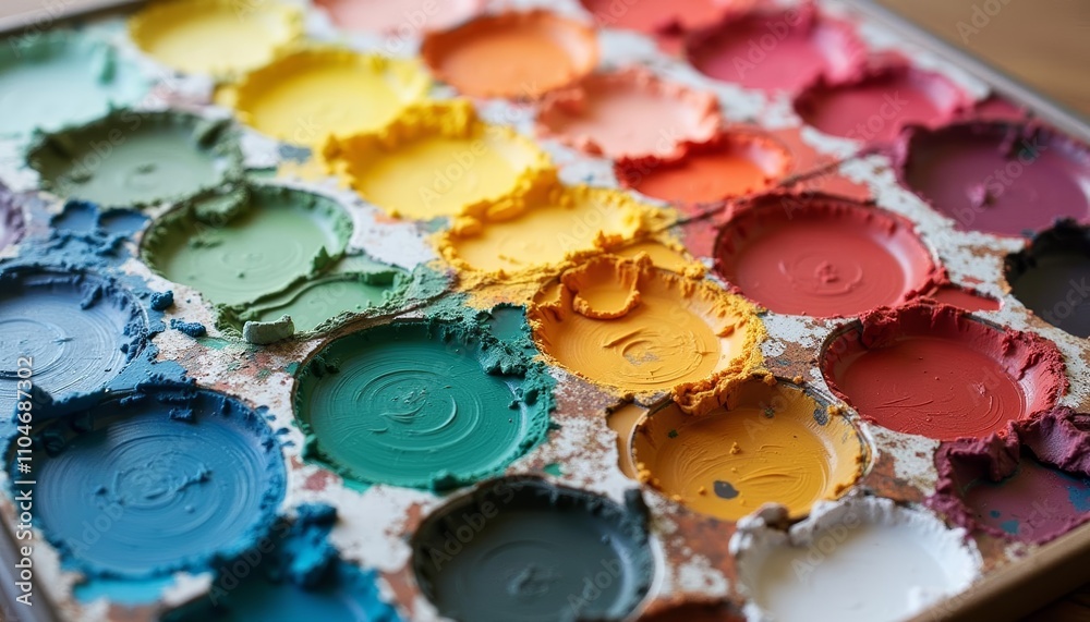Colorful paint palettes with remnants of used colors Stock Photo ...