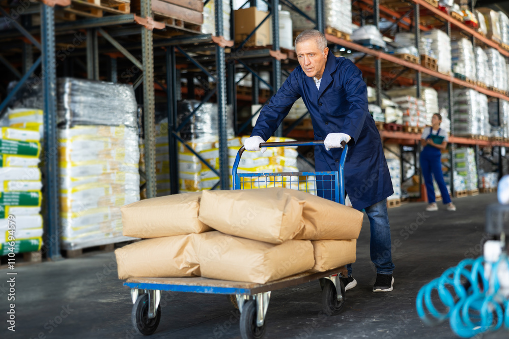 Elderly male employee is driving trolley cart with several bulky paper ...