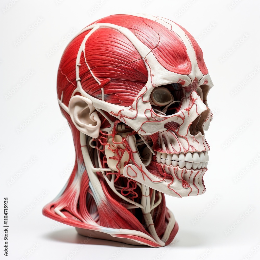 detailed anatomical model of a human skull showcasing muscles and ...