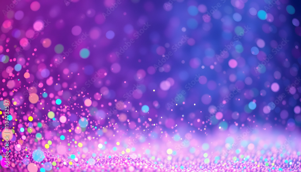 Abstract neon rainbow colored glitter particles flow with shallow depth ...