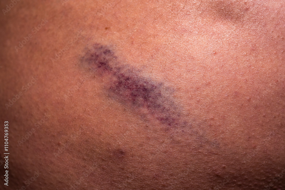 Hematoma. Bruise on leg. Closeup Bruise on body. Close up on a bruise ...
