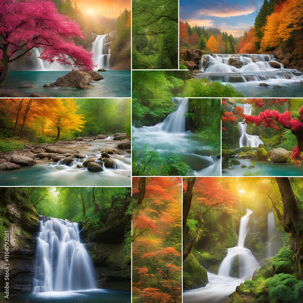 A stunning collage of waterfalls surrounded by vibrant autumn foliage ...
