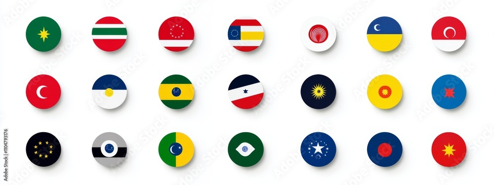 Round Icons of National Flags in a Modern 4x4 Grid Layout on White ...