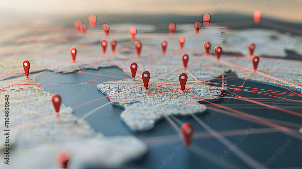 3d map with red location pins and network lines illustrating gis ...