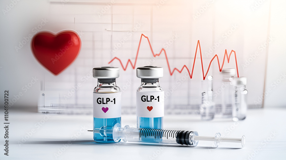 Vials labeled glp-1 with syringes, heart icon, and growth chart ...