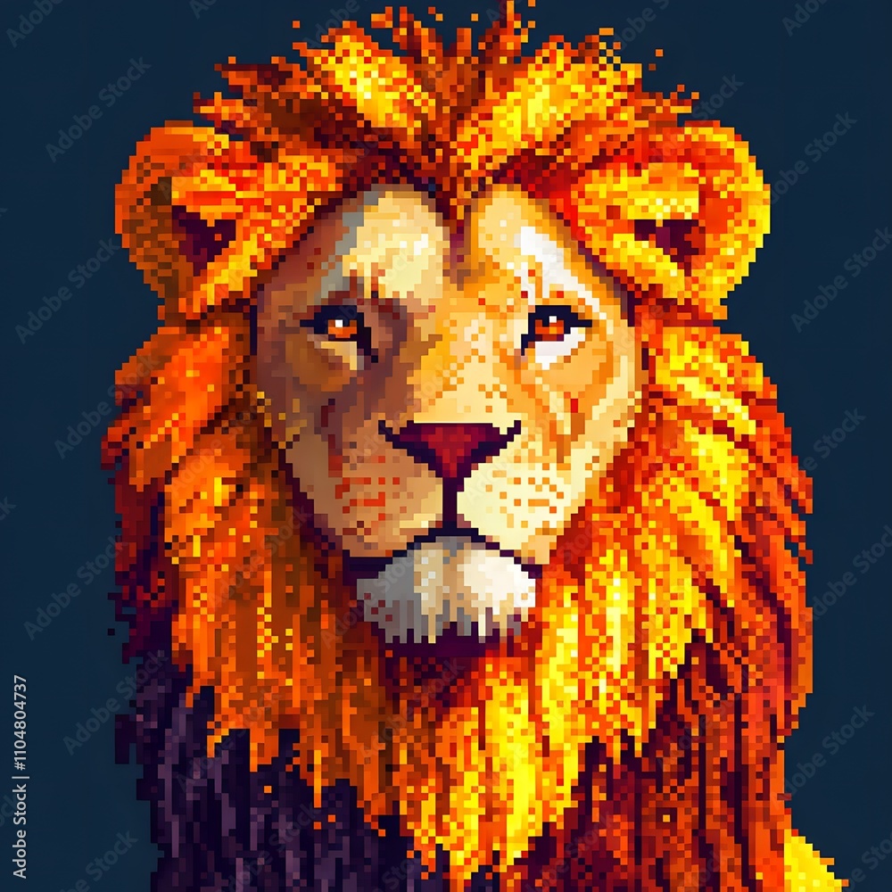 Fiery pixel art lion portrait, majestic digital painting of a lion with ...