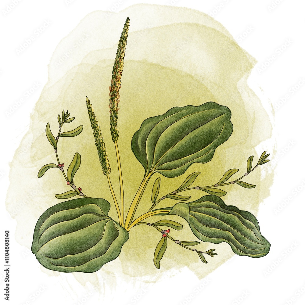 watercolor drawing plants, knotgrass and broadleaf plantain at light green background, hand ...