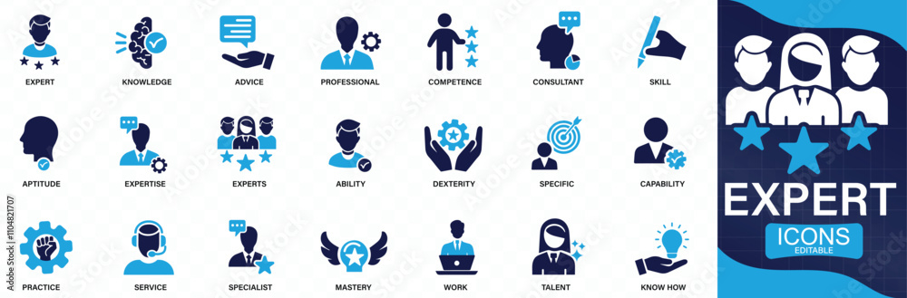 Expert icon set. advice, competence, expertise, knowledge, skill ...