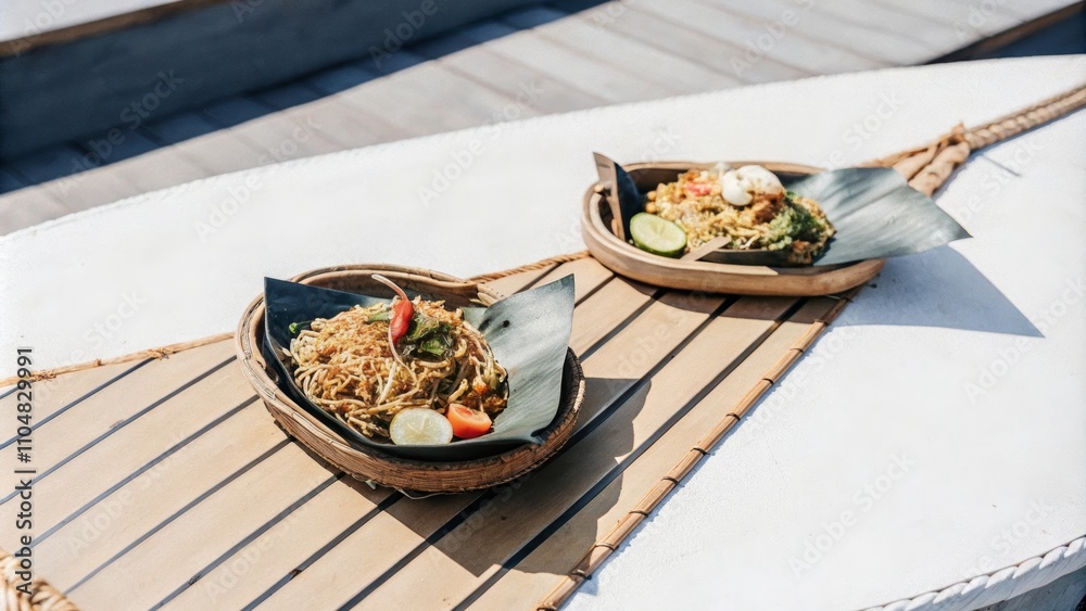 Pansit, a traditional Filipino noodle dish, is beautifully presented in ...