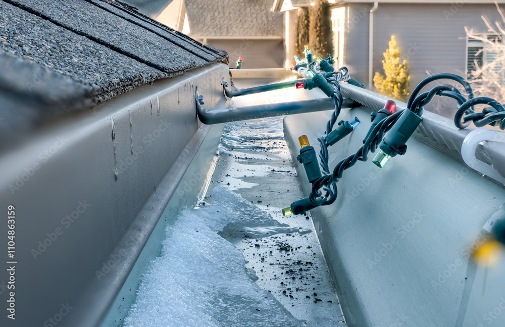 Ice and snow building up inside a rooftop gutter system on a ...