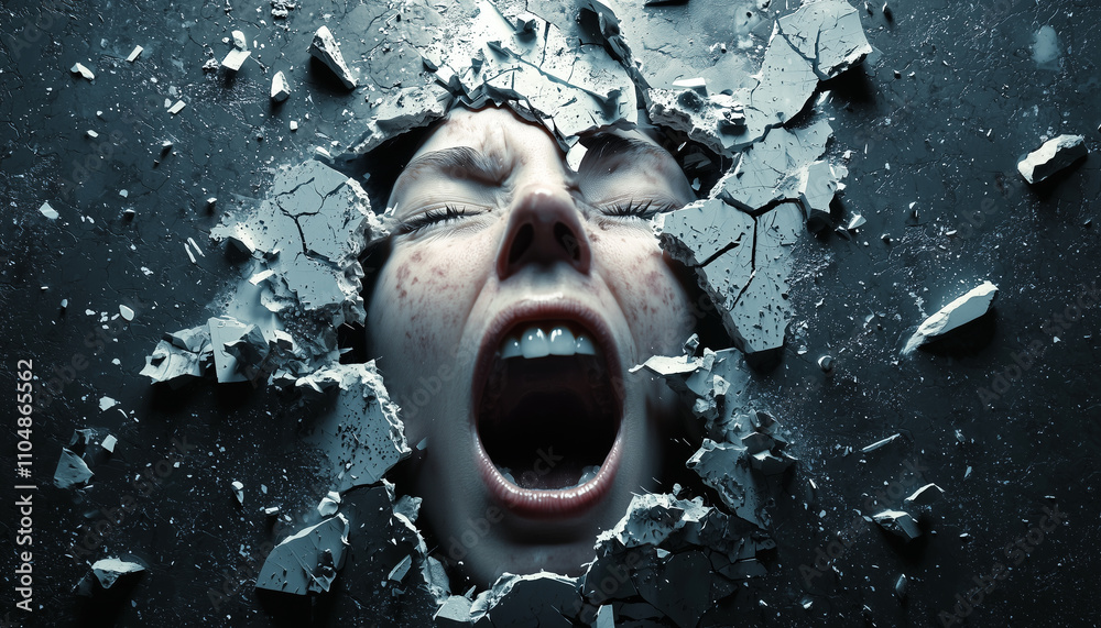 face emerges through cracked surface, expressing intense emotion and ...