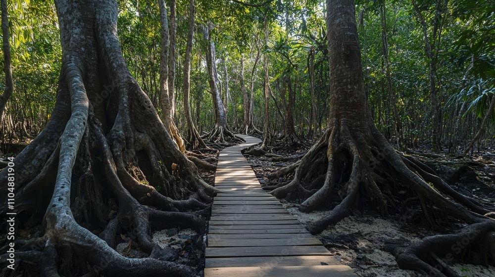 Wooden Walkway Through Intricate Tree Roots in Lush Forest - Serene ...