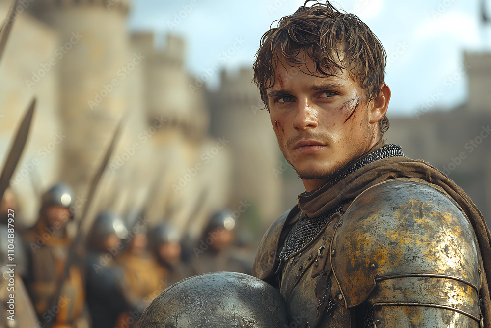 Young medieval knight in battle-worn armor, standing before a castle ...