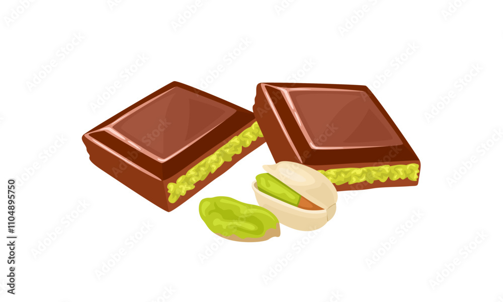 Dubai chocolate bar with green kadayif and pistachios isolated. Vector ...