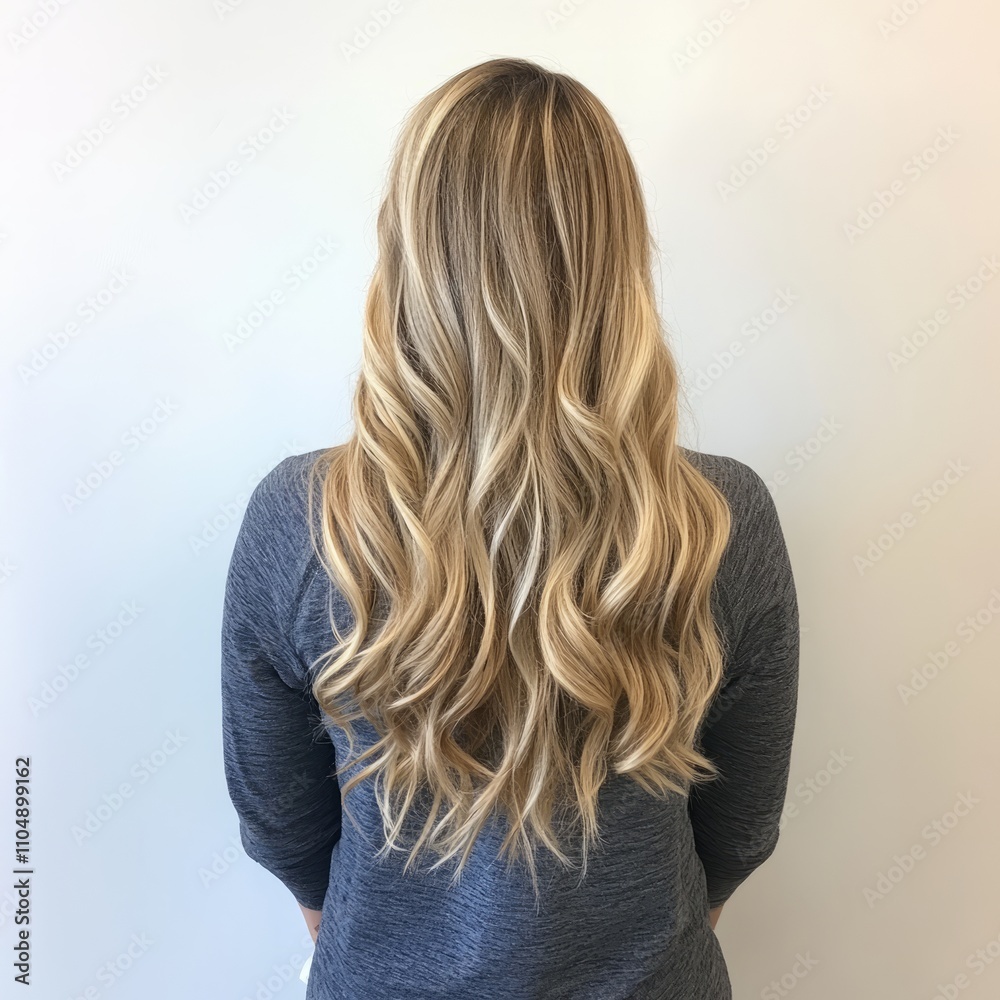 Long blonde wavy hair styled in loose curls, viewed from behind against ...